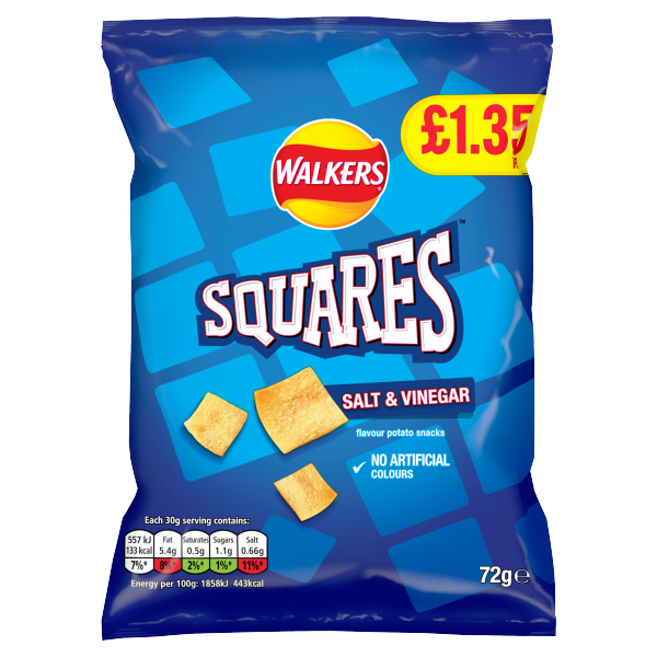 Walkers Squares Salt & Vinegar Crisps PMP £1.35 72g - We Get Any Stock